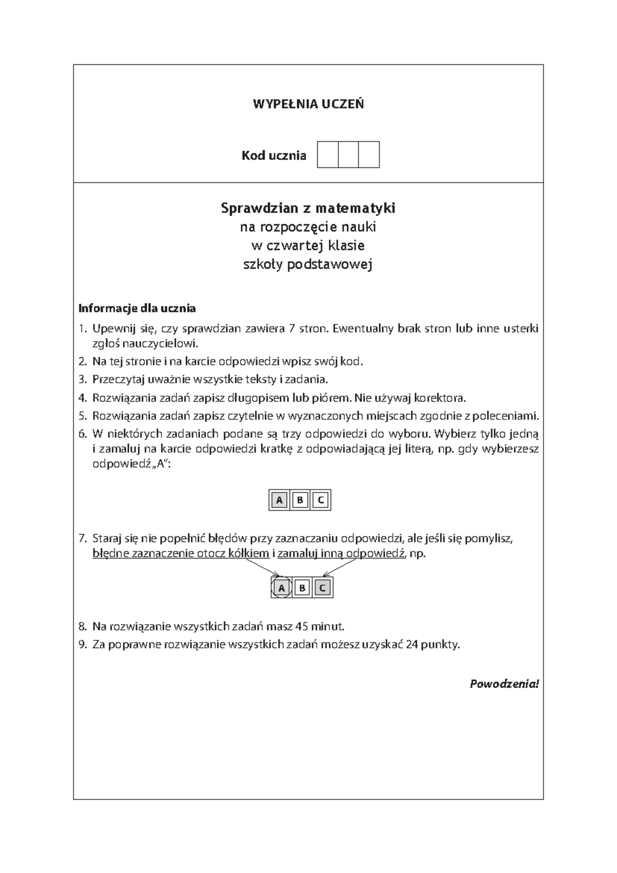 Matematyka Sprawdzian na Rozpoczęcie Nauki w Kl. 4 - Studocu