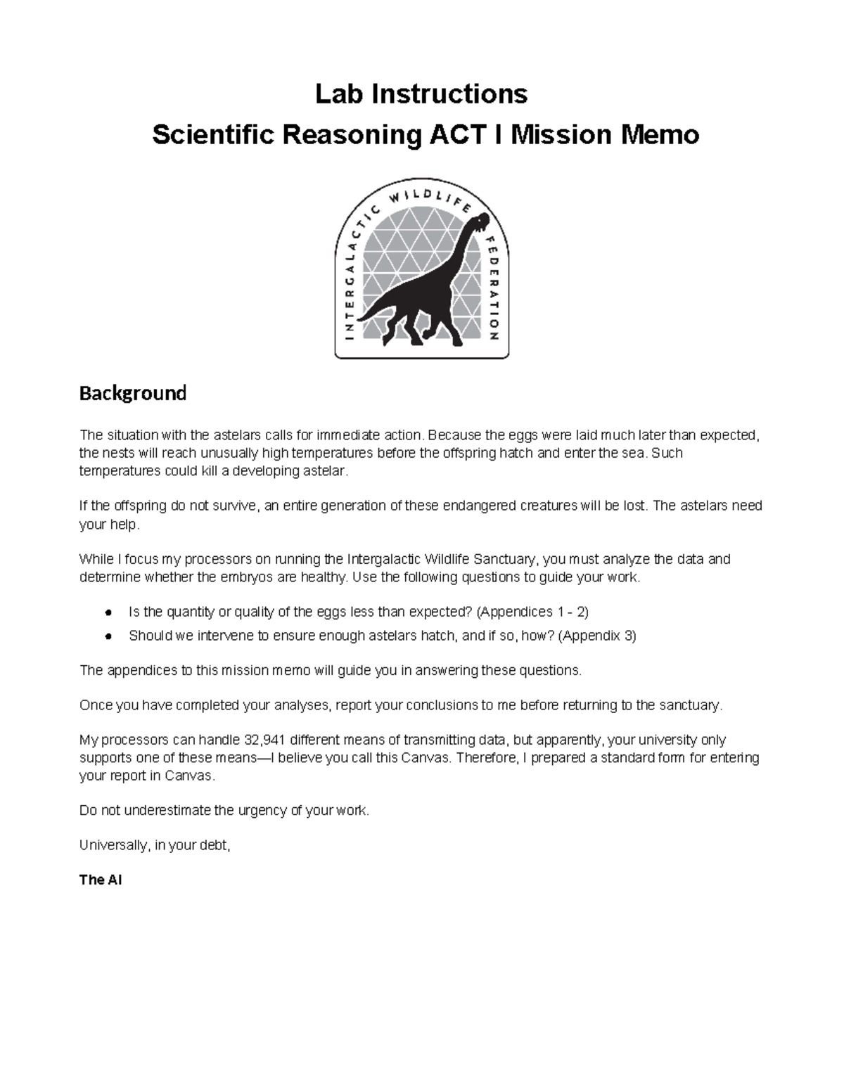 Lab Instructions for Scientific Reasoning ACT I: Mission Memo (Summer A ...