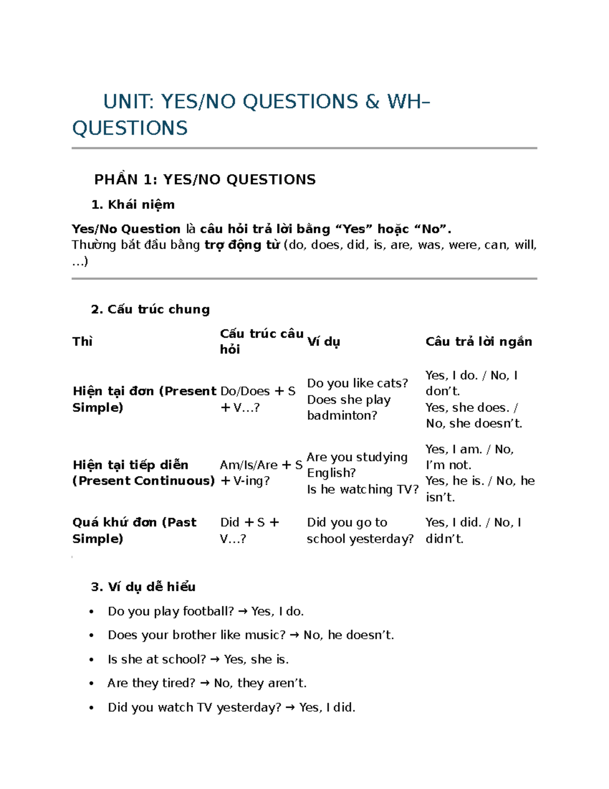 🌟 UNIT: YES/NO & WH–QUESTIONS Overview and Exercises - Studocu