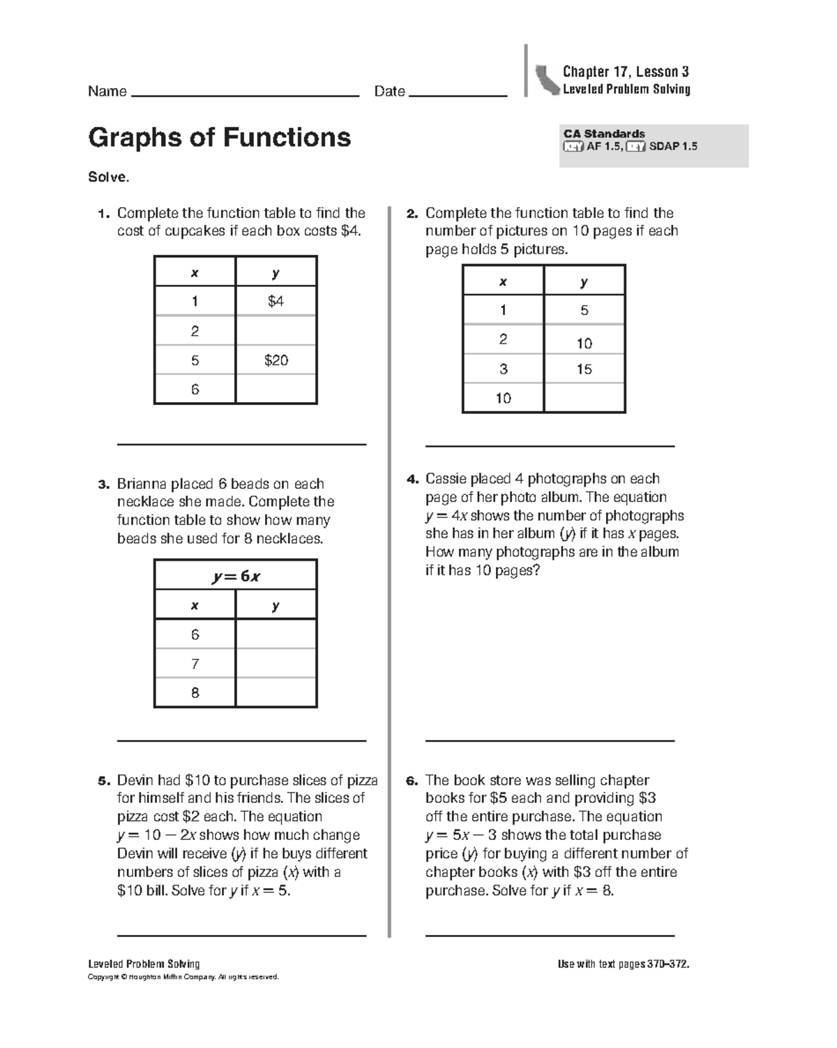Chapter 17, Lesson 3: Leveled Problem Solving on Function Graphs - Studocu