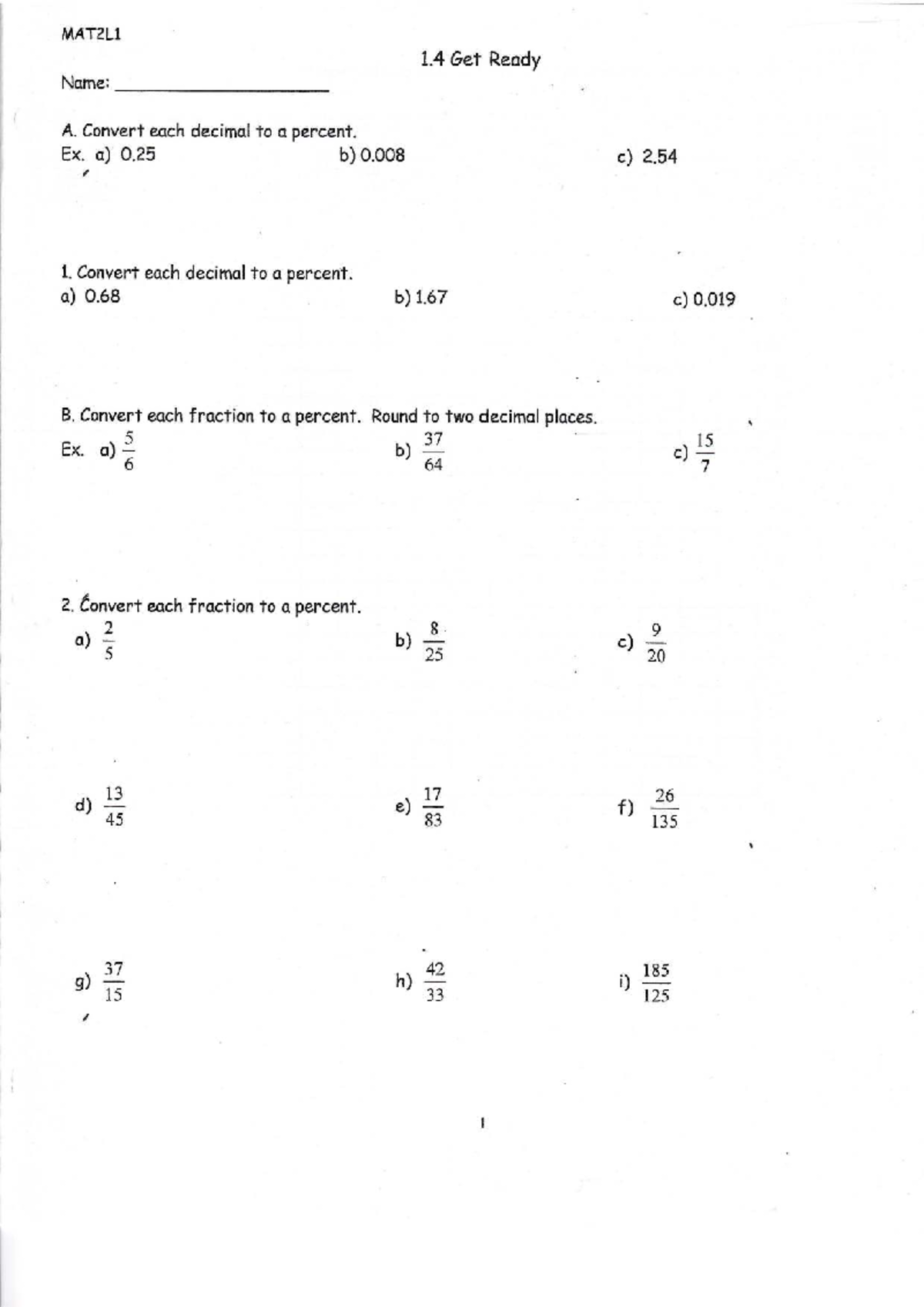 MAT2L1 Get Ready: Converting Decimals and Fractions to Percent - Studocu
