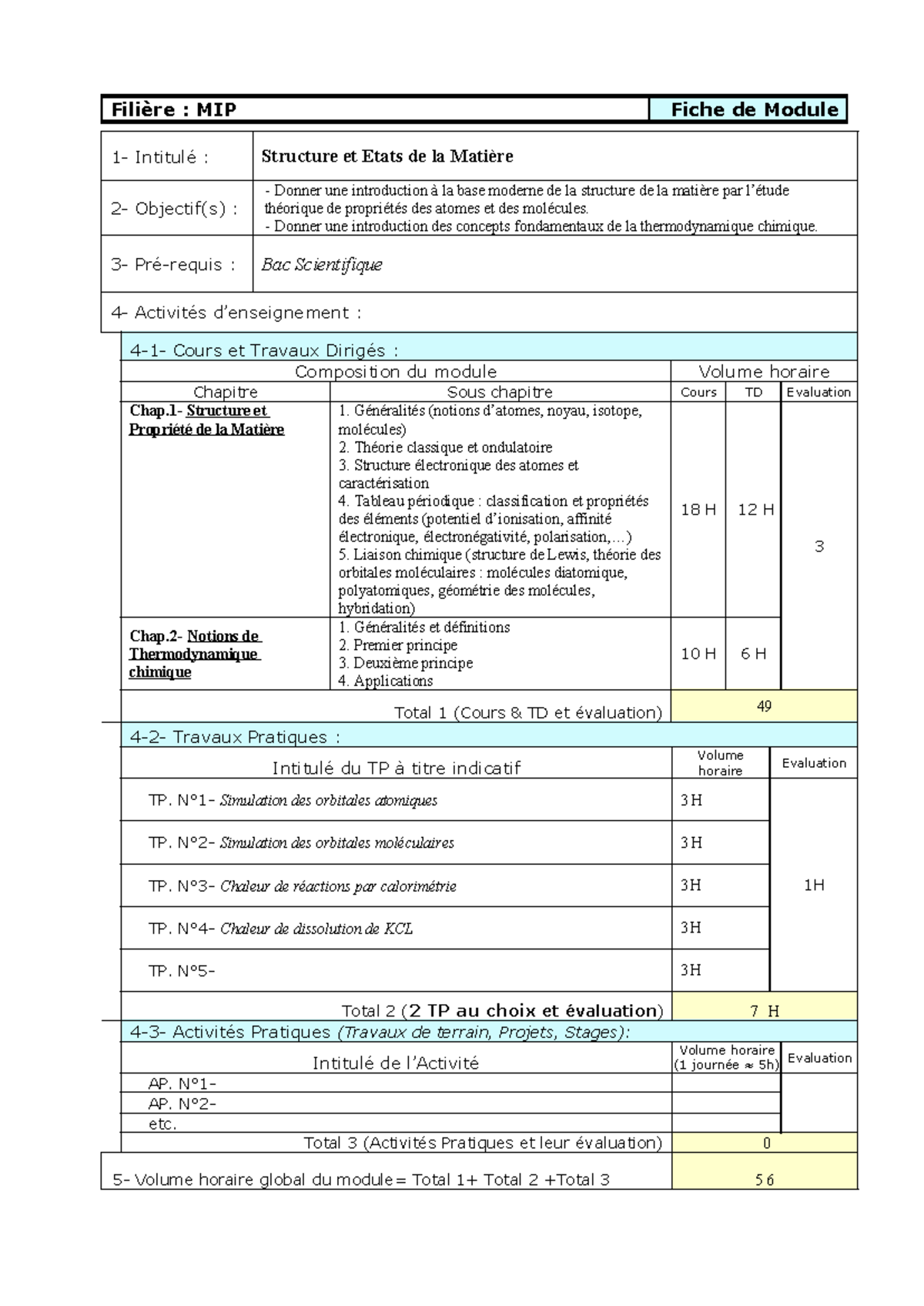 Programme-Chimie-MIPC - Filière : MIP... Fiche de Module 1- Intitulé : Structure et Etats de la ...