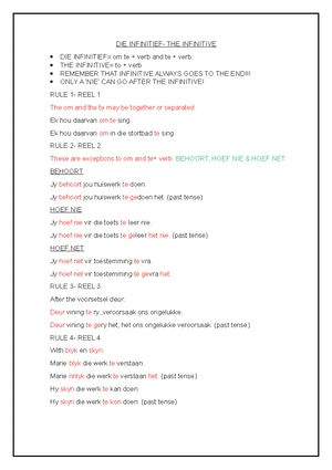 DIE Infinitief - Rules on how to approach infinitive. - DIE INFINITIEF ...