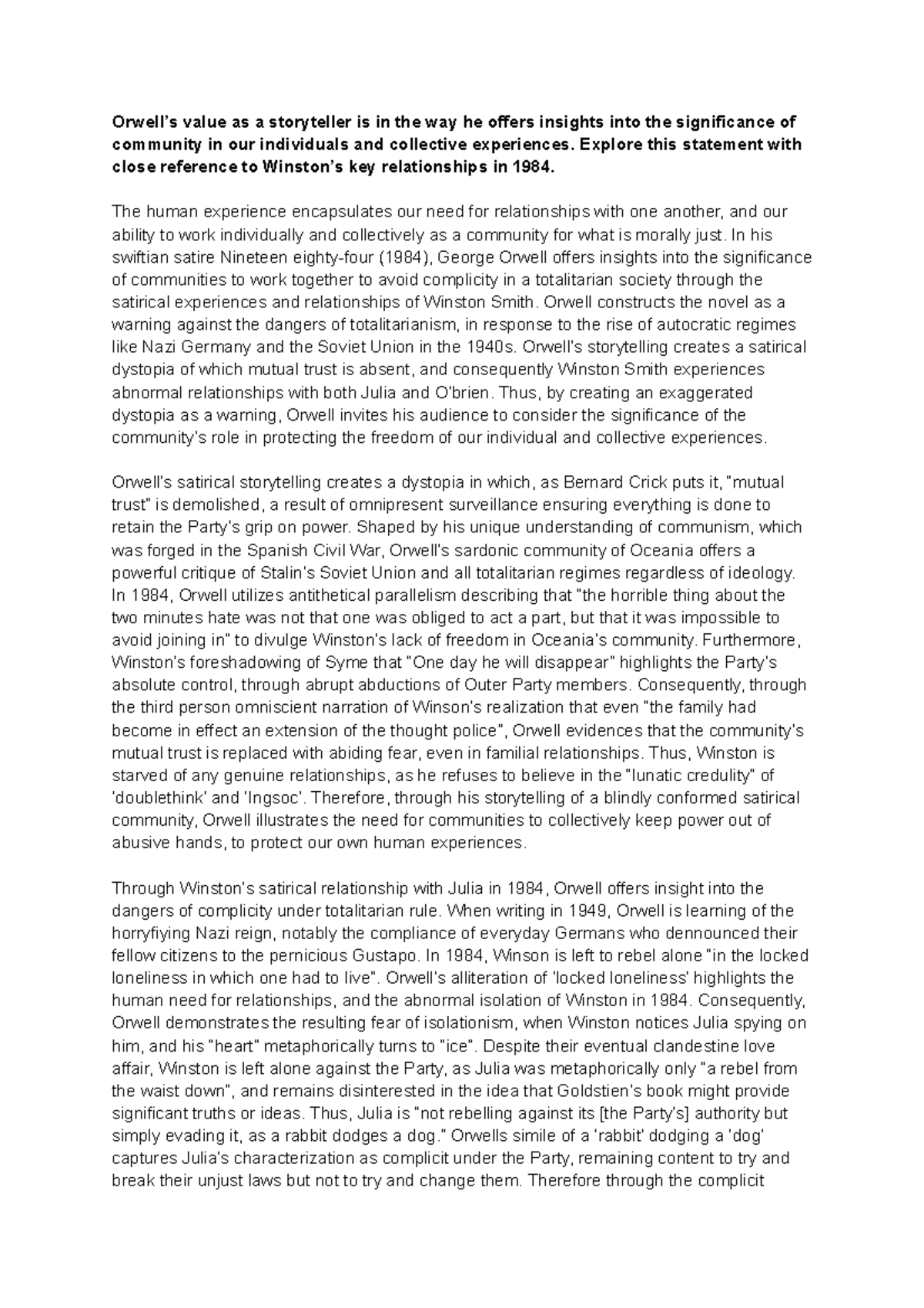 1984 practice essay 2 - Orwell’s value as a storyteller is in the way ...