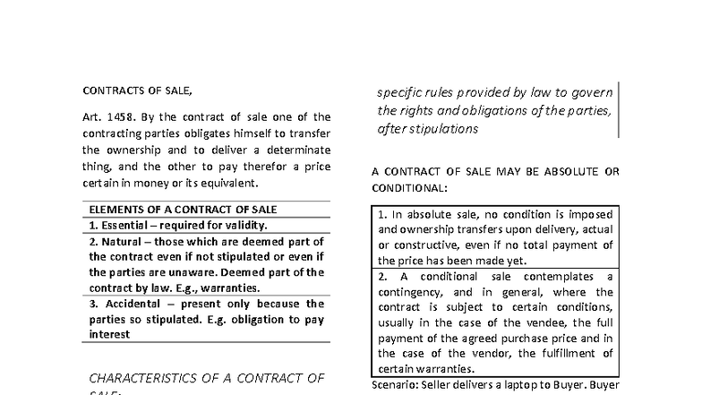 Contracts of Sale - Key Elements and Characteristics Notes - Studocu