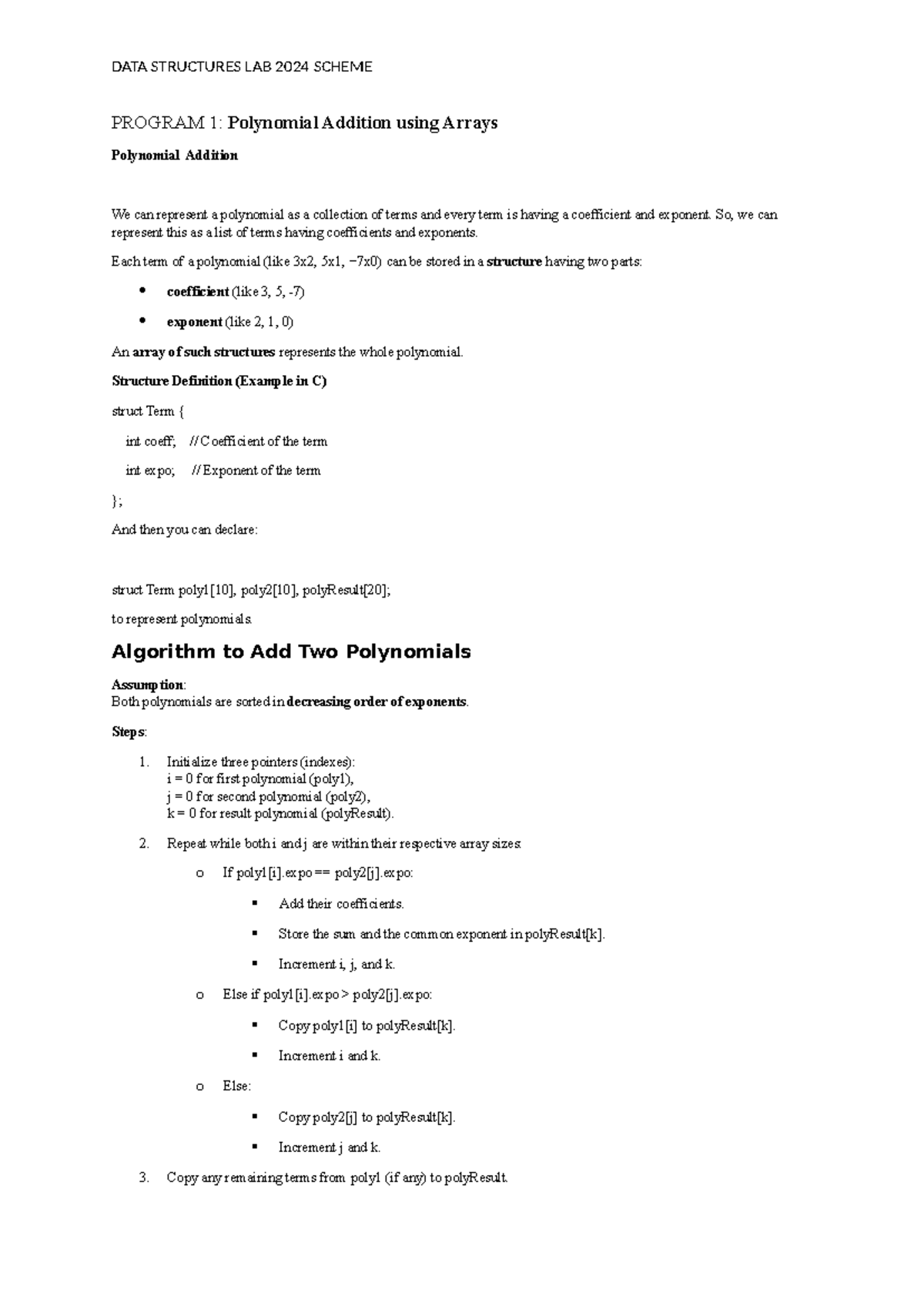 DATA STRUCTURES LAB 2024 SCHEME: Polynomial Addition & Sparse Matrix ...