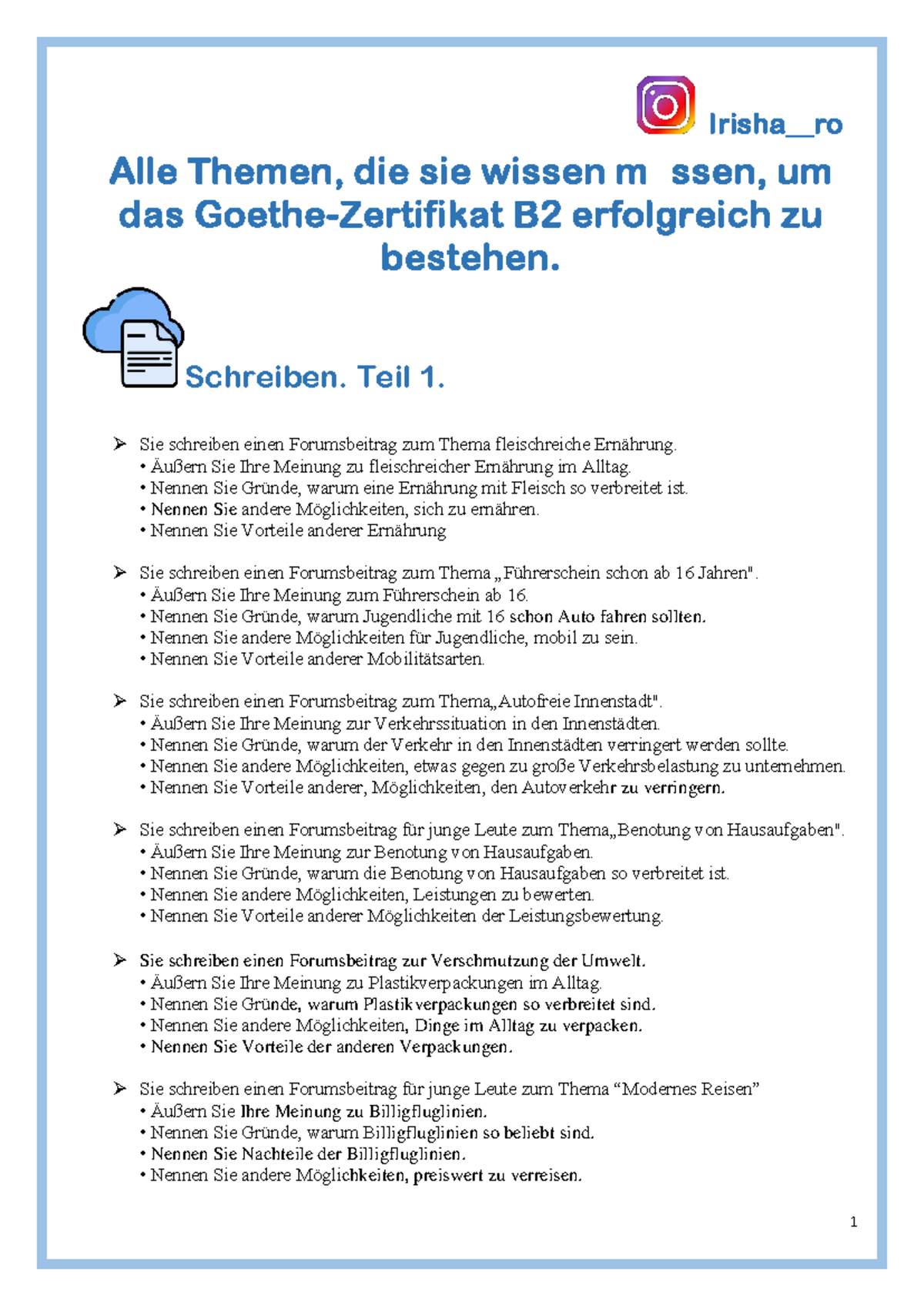 Toaz - Themen für die Goethe-Prüfungen B2: Schreiben und Sprechen - Studocu