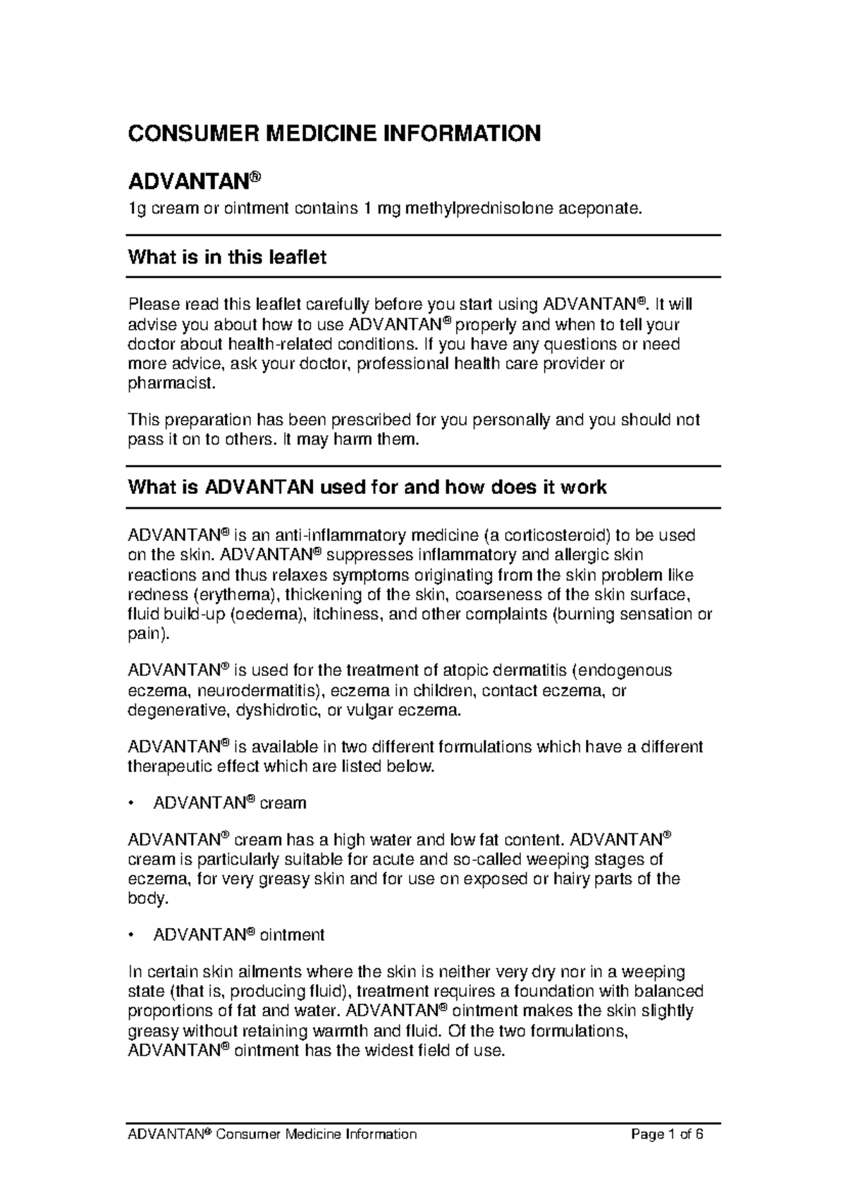 Advantan: Consumer Medicine Info on Methylprednisolone Aceponate - Studocu