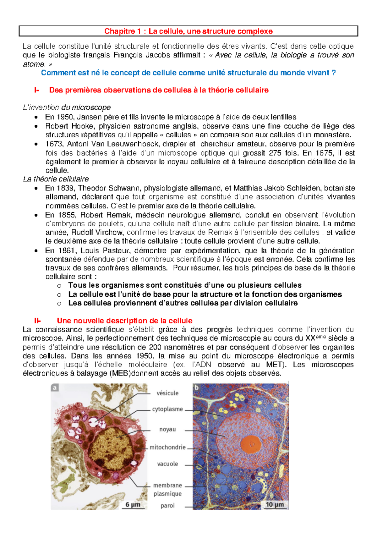 Chapitre 1 : La Cellule et la Théorie Cellulaire - 1ES - Studocu