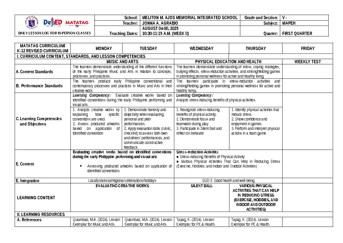 Q1 MAPEH Daily Lesson Log (W8) - Music, Arts, PE & Health - Studocu