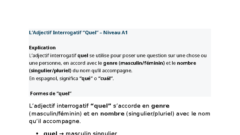 L’Adjectif Interrogatif “Quel” – Explications Niveau A1 - Studocu