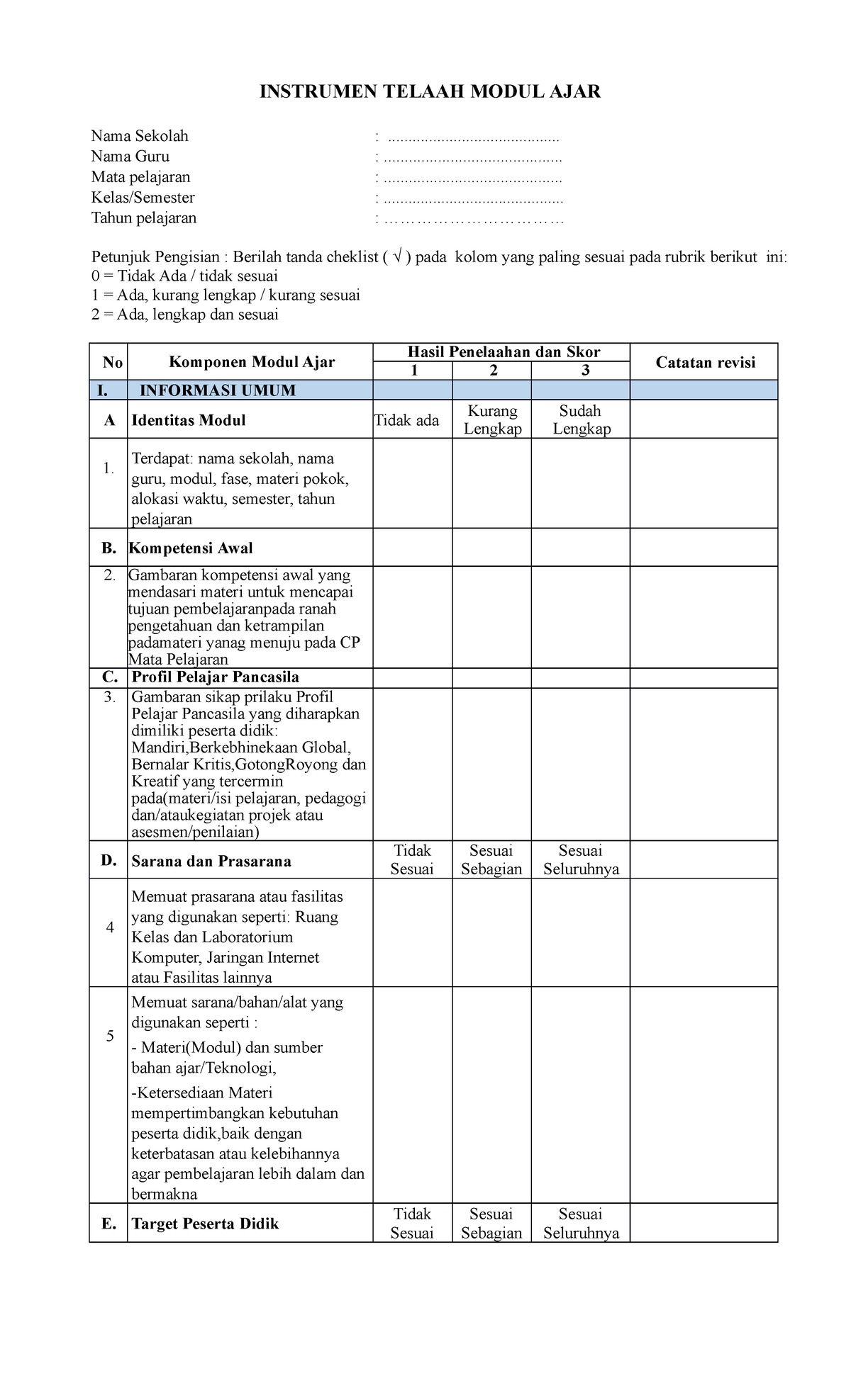Instrumen telaah Modul Ajar klgd2 - INSTRUMEN TELAAH MODUL AJAR Nama Sekolah : - Studocu