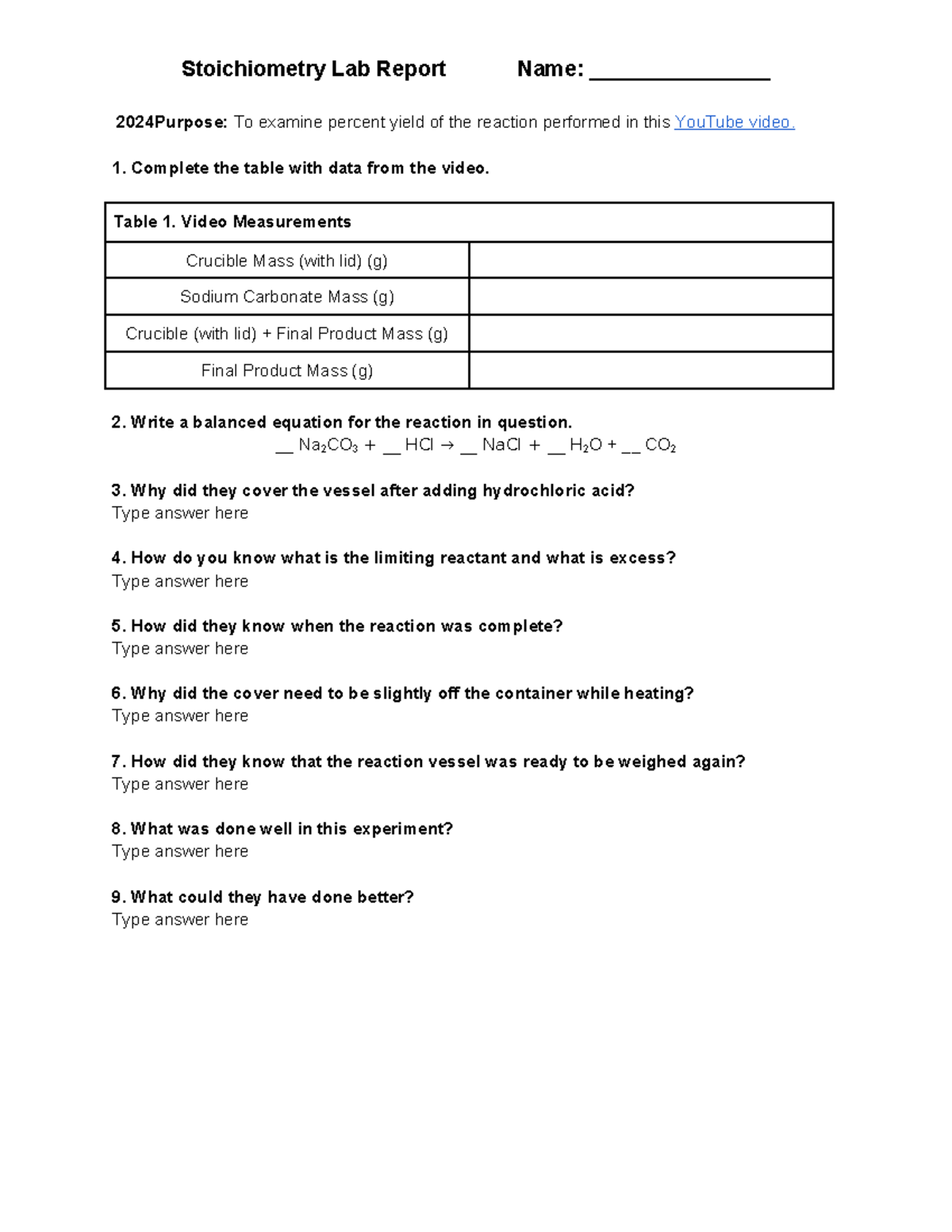 Stoichiometry Lab Report 2024 - Complete the table with data from the ...