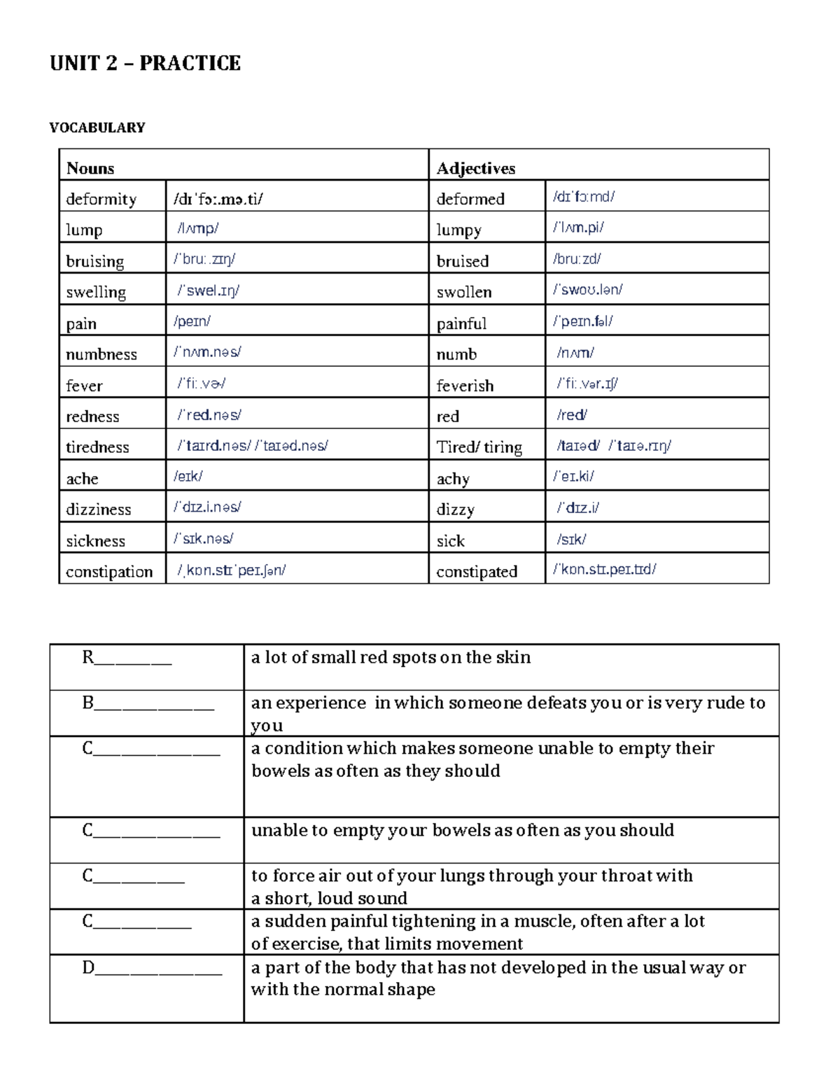 UNIT 2 PRACTICE VOCABULARY: Nouns & Adjectives in Medical Context - Studocu