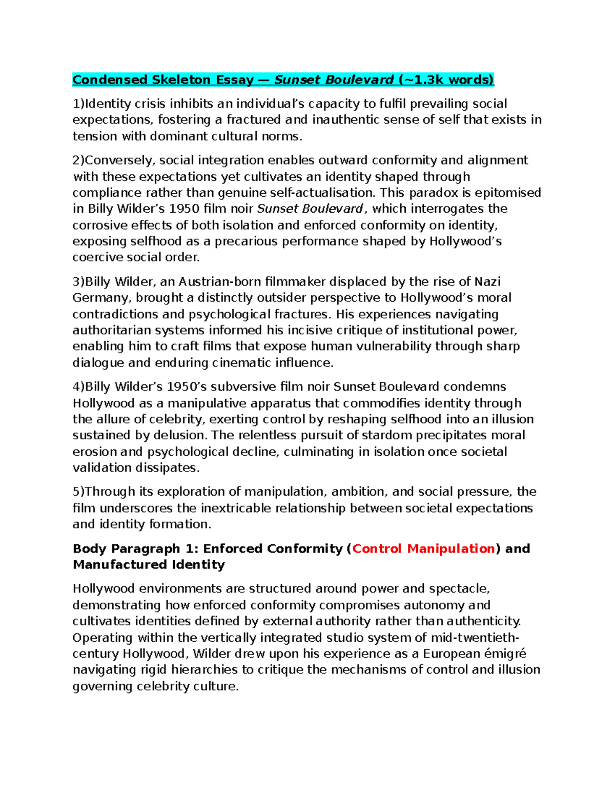 Condensed Essay Notes: Identity and Isolation in Sunset Boulevard (ENG ...
