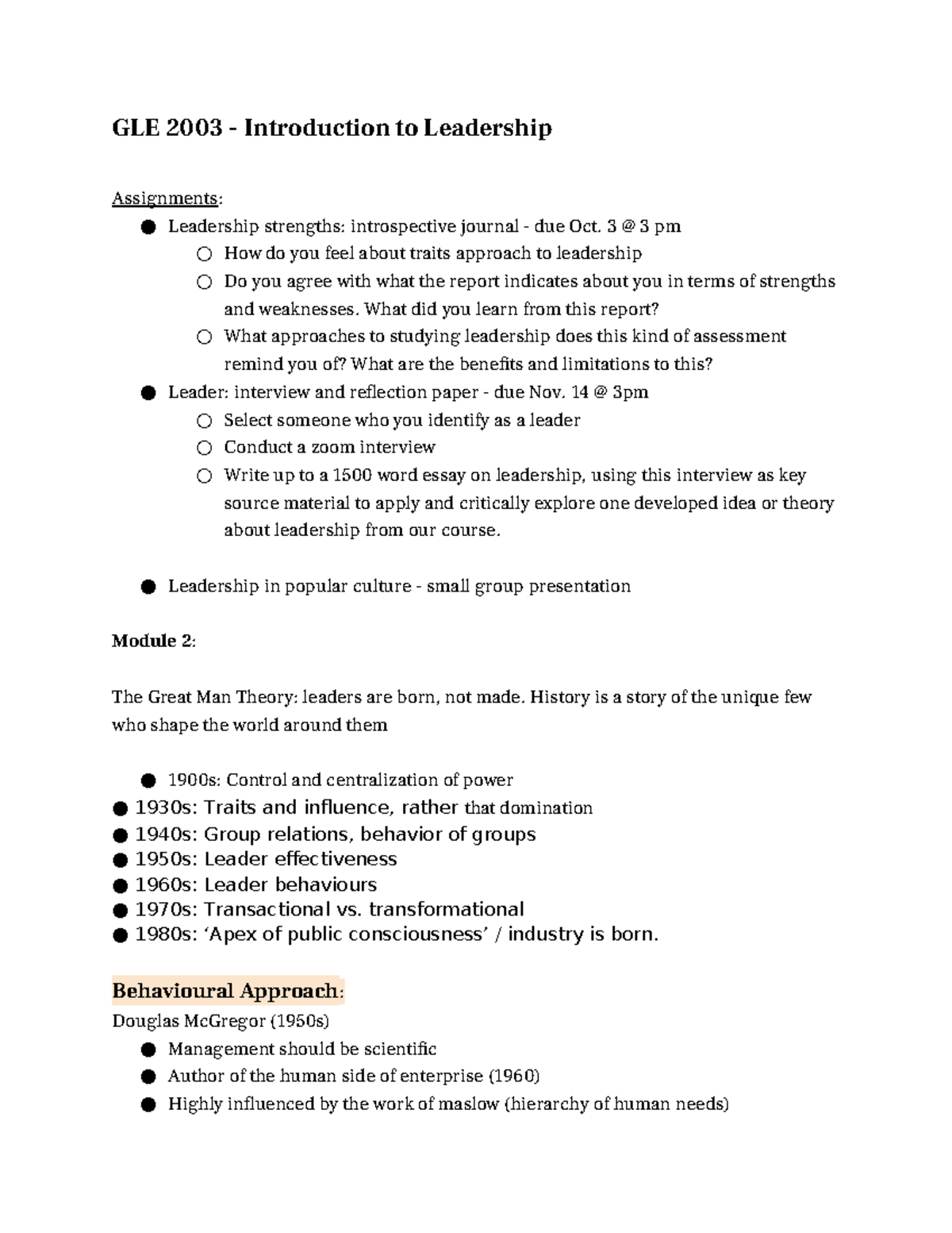 GLE 2003 - Leadership Assignments Overview and Key Concepts - Studocu