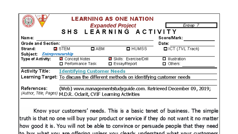 Entrep LAS 7: Identifying Customer Needs and Research Methods - Studocu