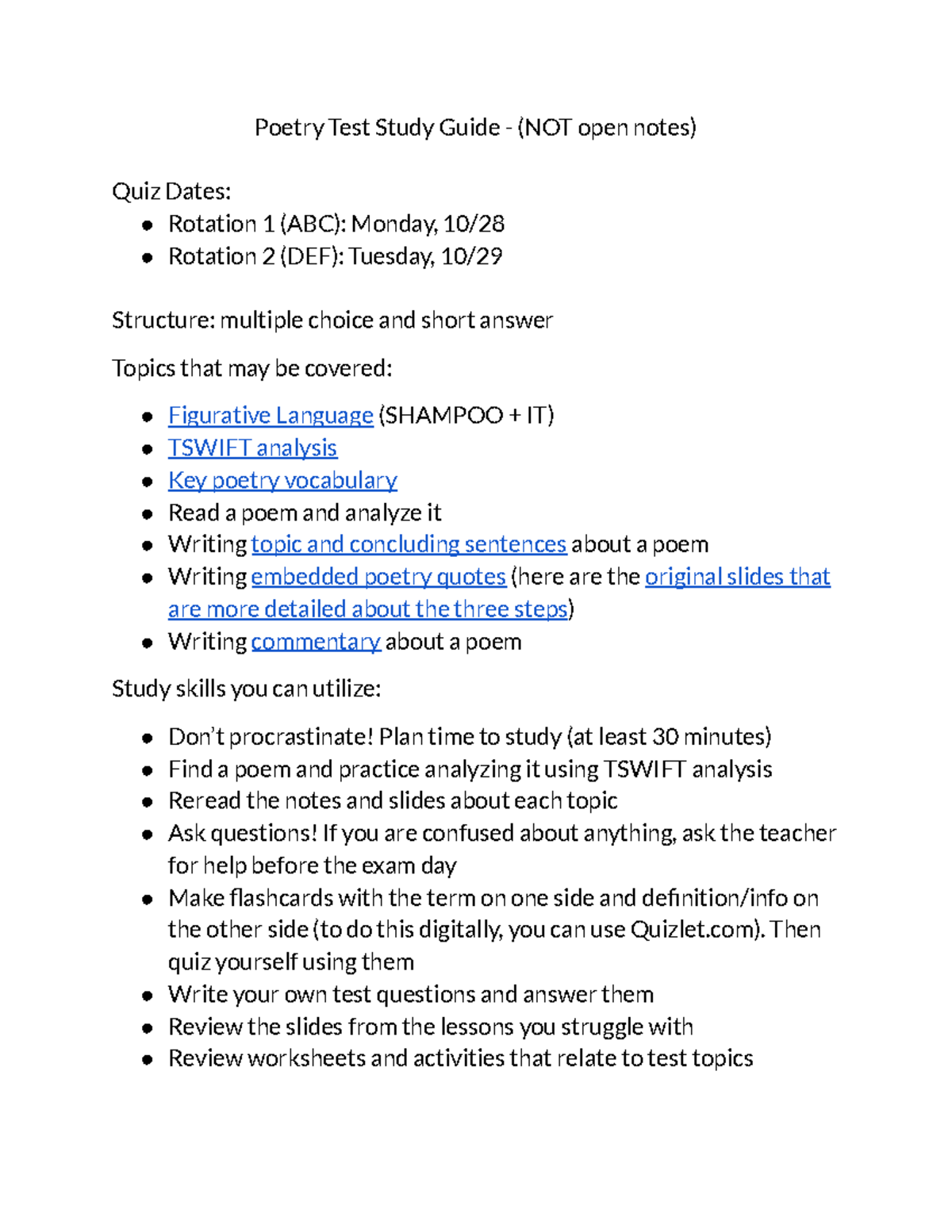 Poetry Test Study Guide (NOT open notes) - Key Concepts & Tips - Studocu