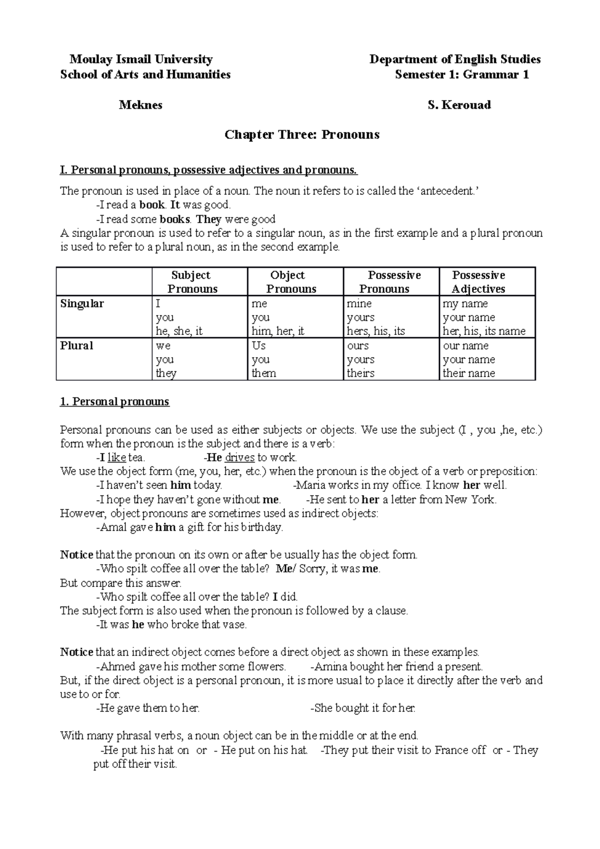 Chapter 3: Pronouns Overview for Grammar 1 - Week 7 - Studocu