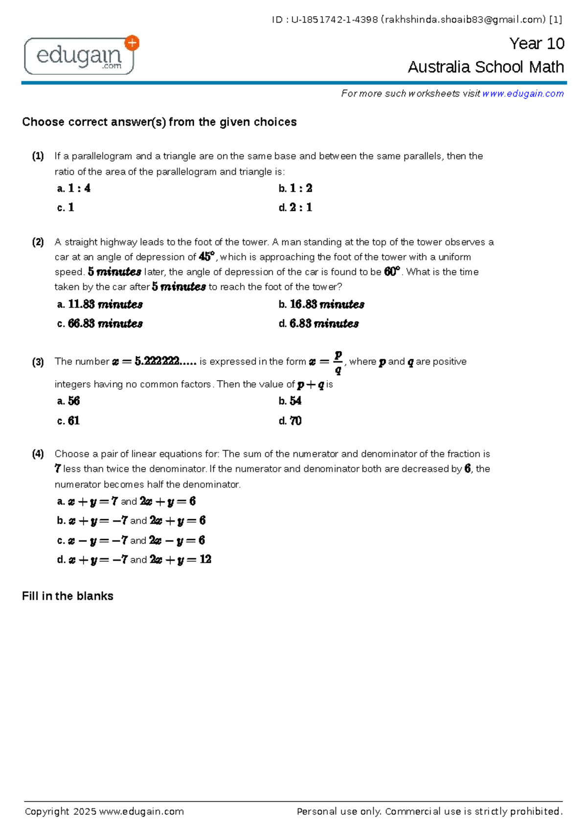 ID: Year 10 Math Worksheets - Area Ratios & Linear Equations - Studocu