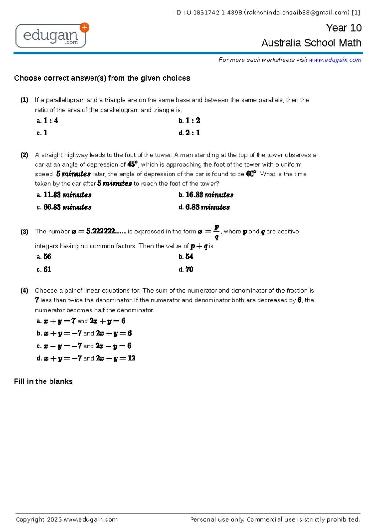 Y10 Maths Practice Exam 1: Comprehensive Review Sheets - Studocu