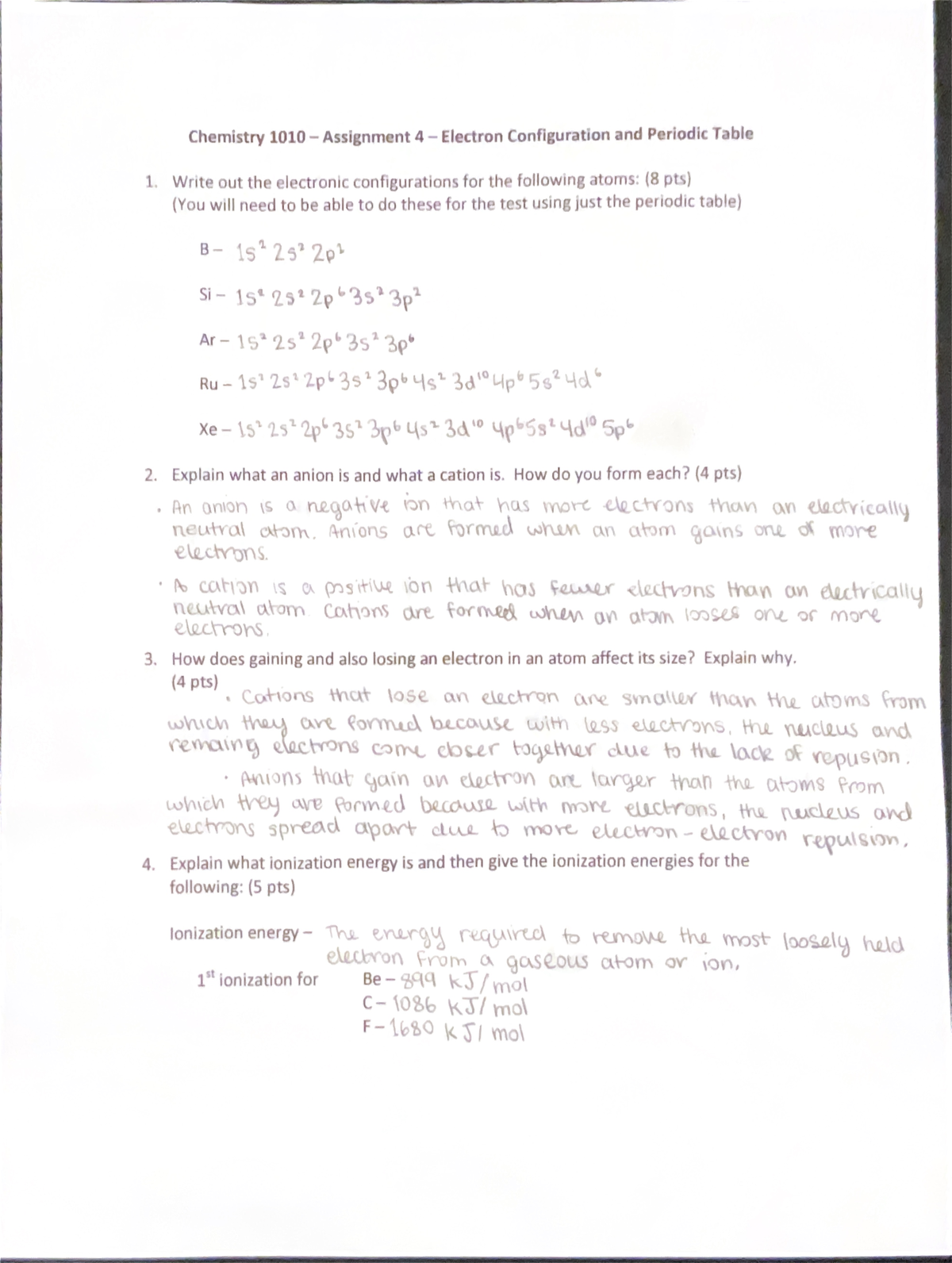 CHEM 4 - Electrons & Periodic Table - Chemistry 1010 Assignment 4 Electron Configuration and ...
