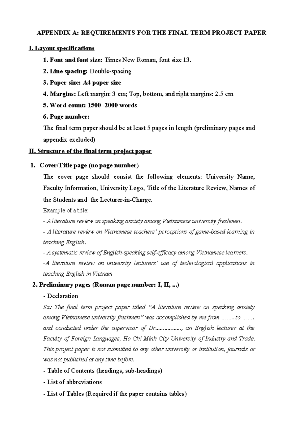 Appendix A: Final Term Project Paper Requirements (ENG 101) - Studocu