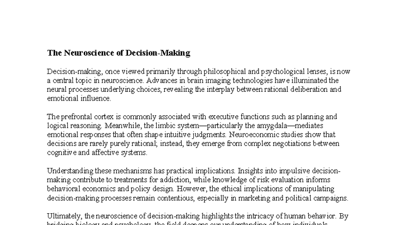 The Neuroscience of Decision-Making: Insights and Implications - Studocu