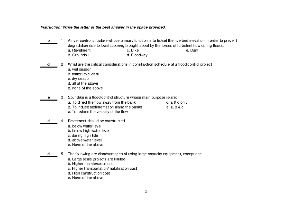 Exam DEC Flood Control - Multiple Choice Questions - Studocu
