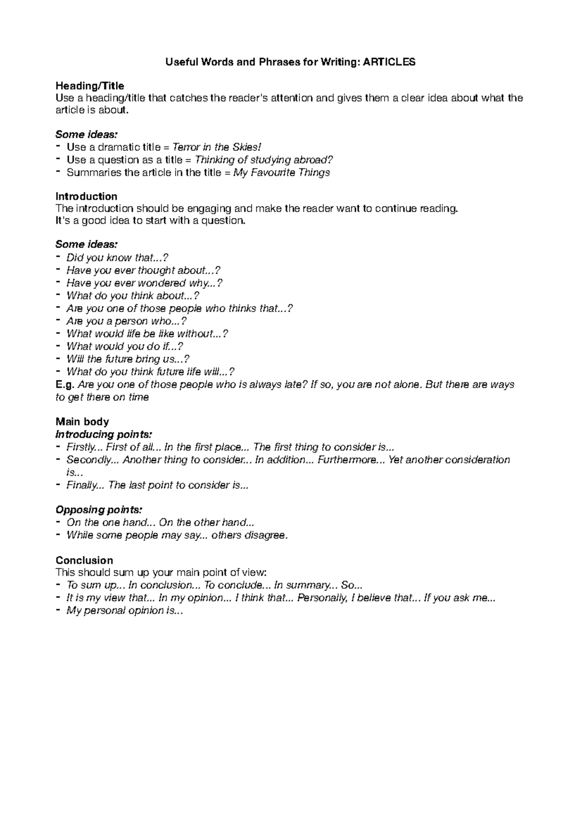 Useful Words and Phrases for Writing Articles: A Guide - Studocu