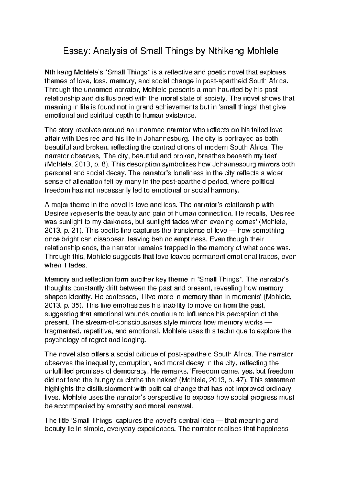 Essay: Analysis of "Small Things" by Nthikeng Mohlele - Studocu
