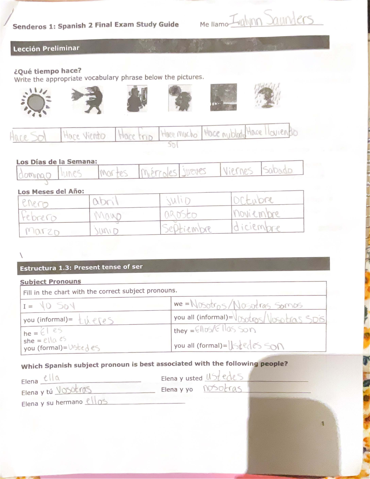 Senderos 1: Spanish 2 Final Exam Study Guide - Studocu