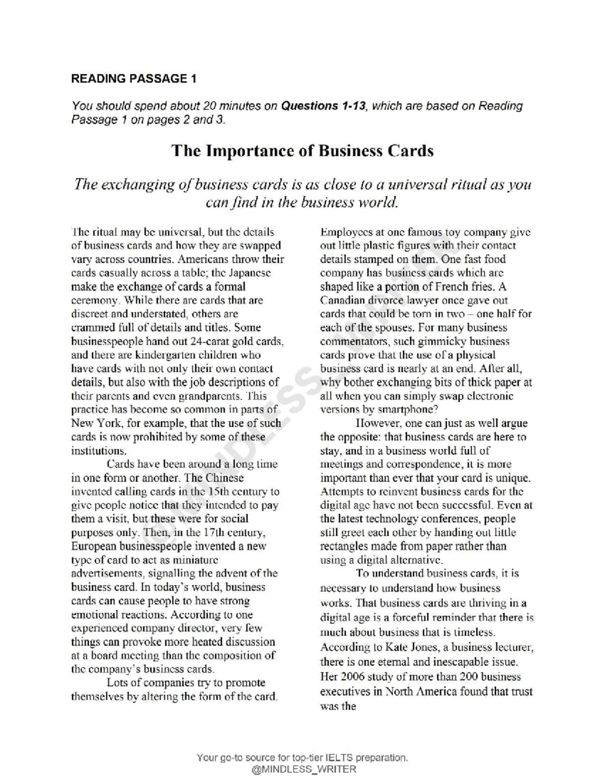 The Importance of Business Cards: Insights from READING PASSAGE 1 - Studocu