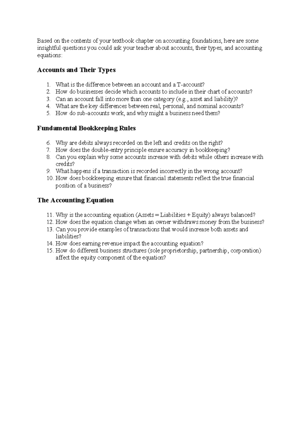 Accounting Foundations: Key Questions on Accounts & Equations - Studocu