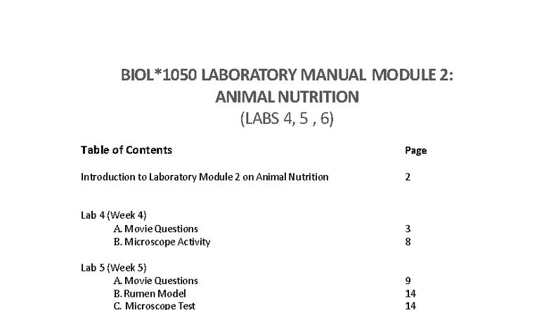 LAB MANUAL MODULE 2: ANIMAL NUTRITION (LABS 4, 5, 6) - FALL 2023 - Studocu