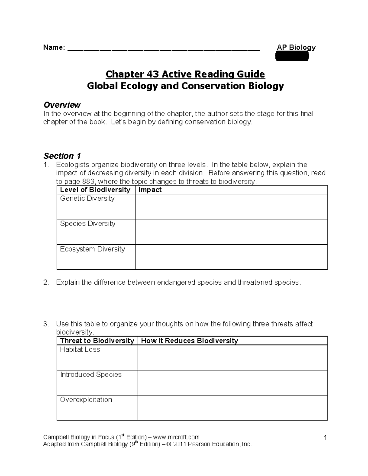 AP Biology Final Exam: Chapter 43 Active Reading Guide on Global ...