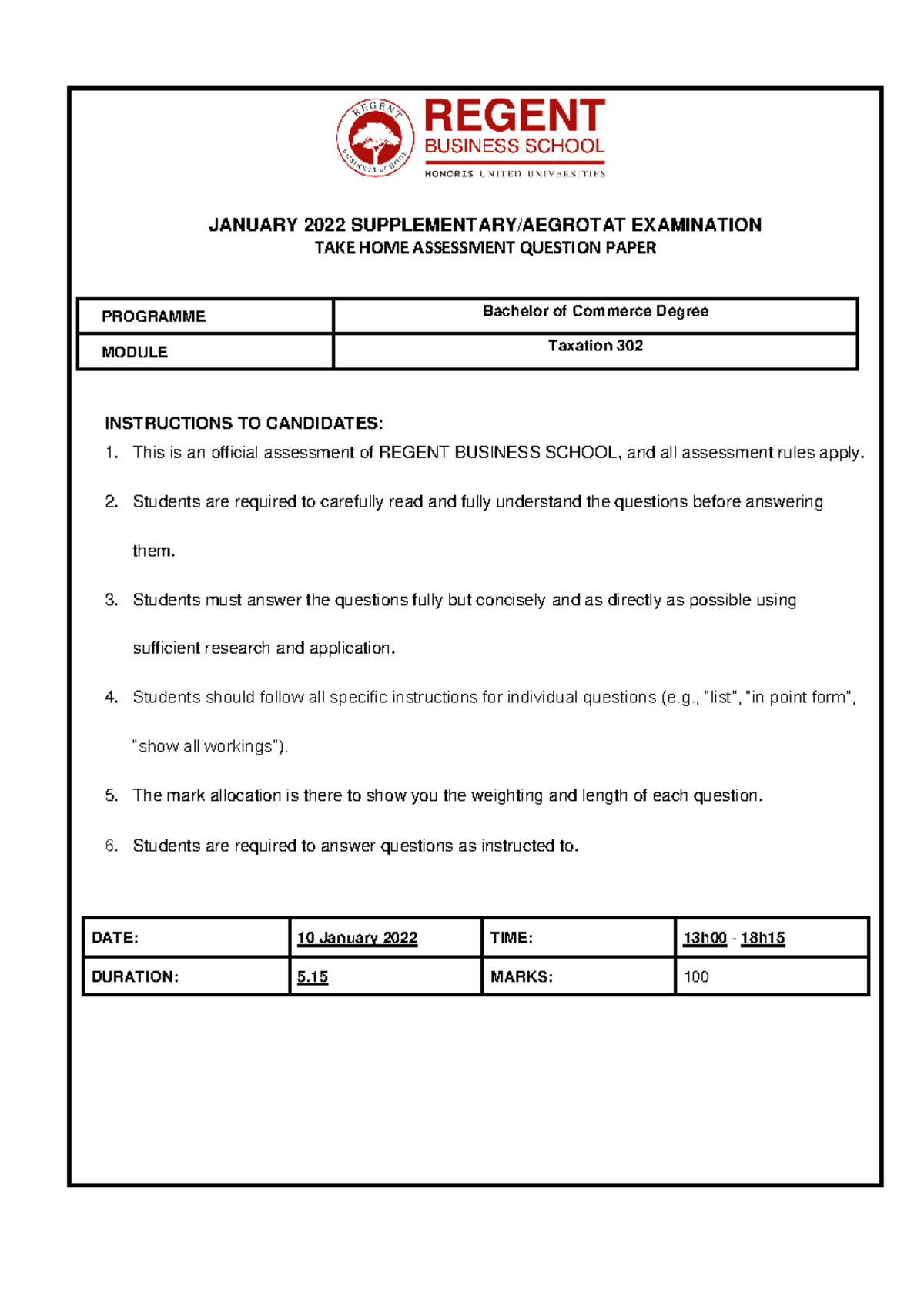BCOM Taxation 302 - 2022 Exam Preparation Practice Material - Studocu