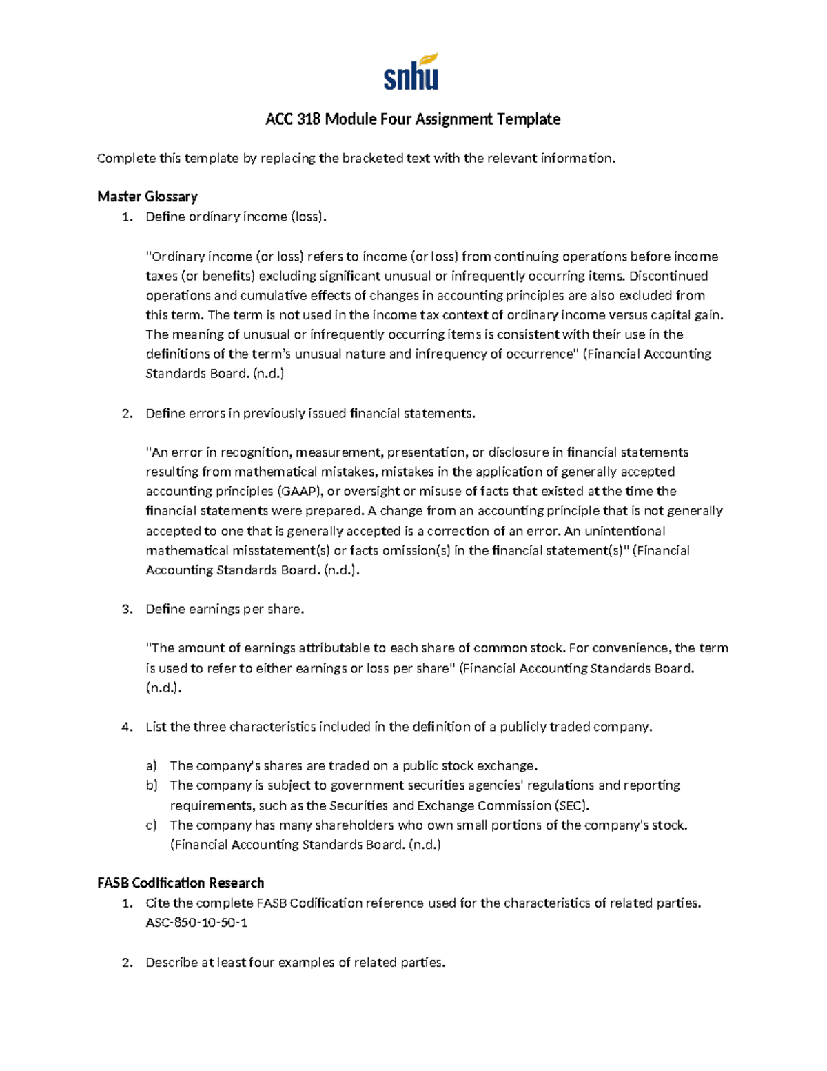 ACC 318 Module Four Assignment: Key Definitions & FASB References - Studocu