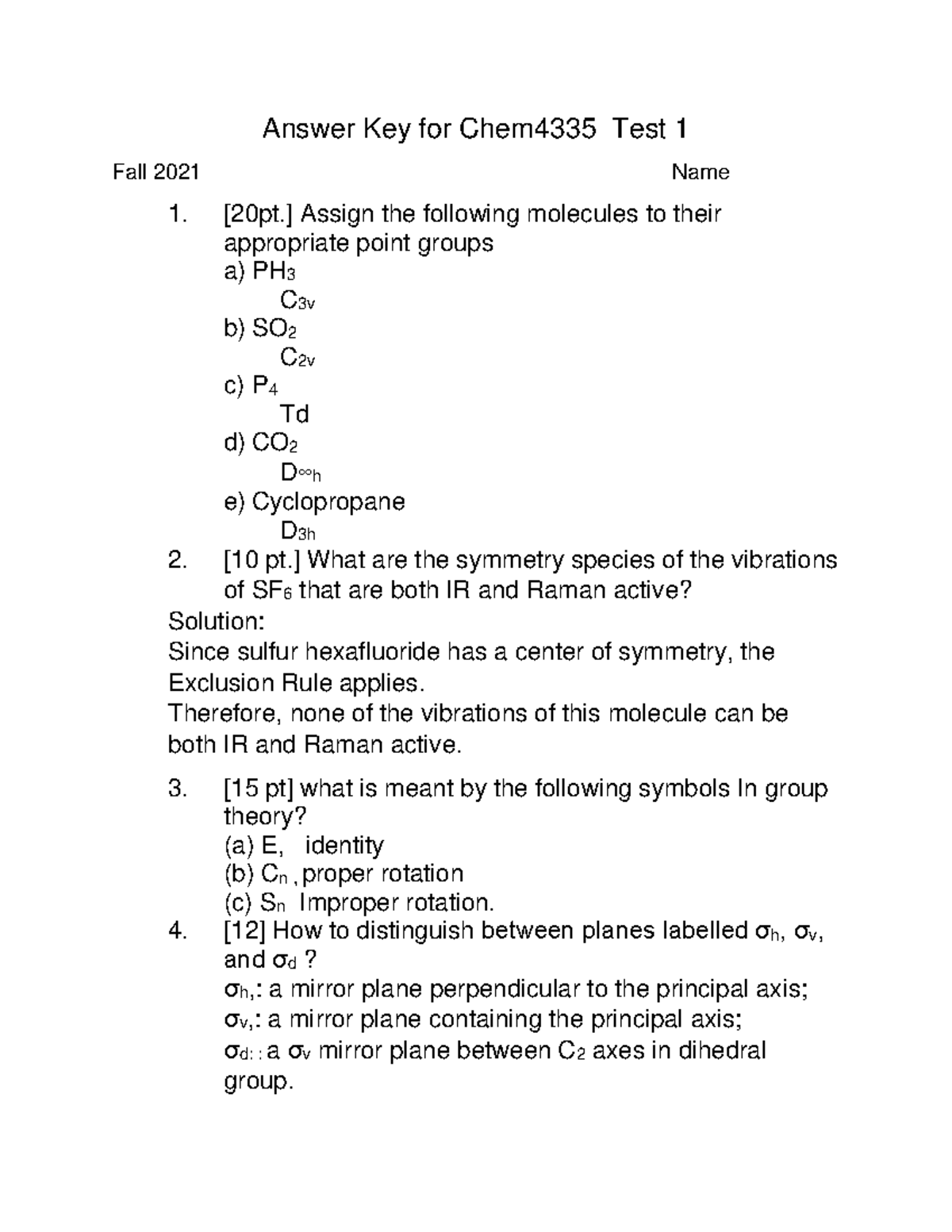Answer Key for Chem4335 Test 1 - Fall 2021 Solutions - Answer Key for ...