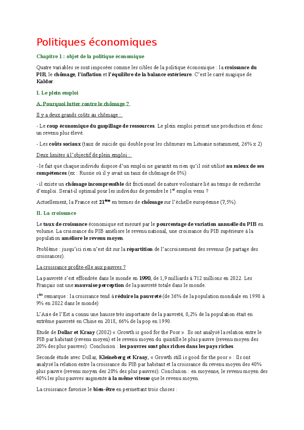 Politiques Économiques - Chapitre 1 : Objectifs et Défis de la ...