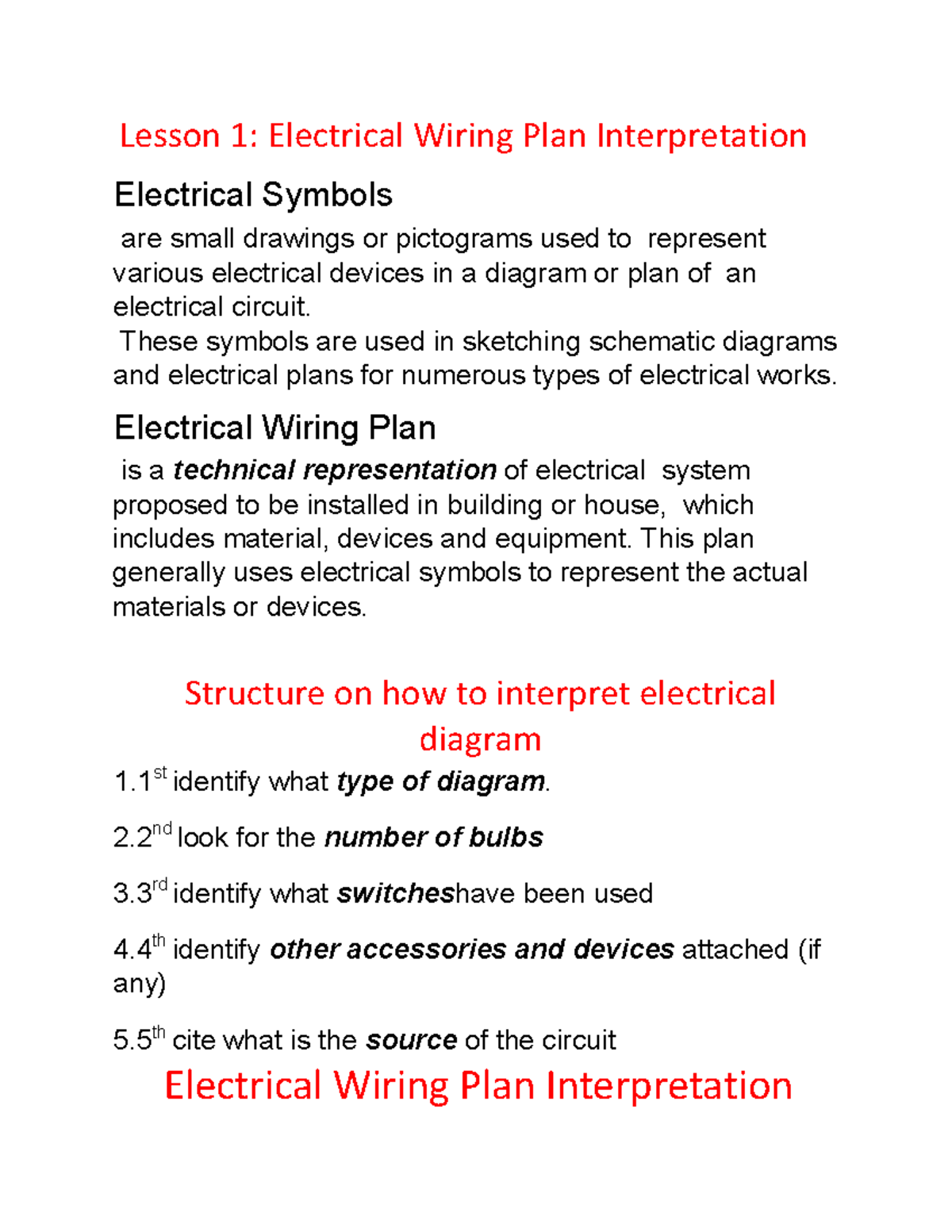 Lesson 1: Interpreting Electrical Wiring Plans & Symbols - Studocu