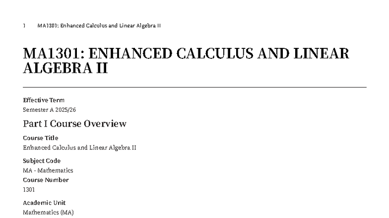 MA1301: Enhanced Calculus and Linear Algebra II Course Overview and ...