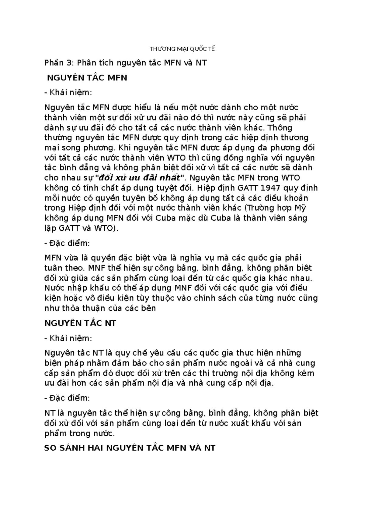 THƯƠNG MẠI QUỐC TẾ - Ôn Thi Nguyên Tắc MFN và NT - Studocu