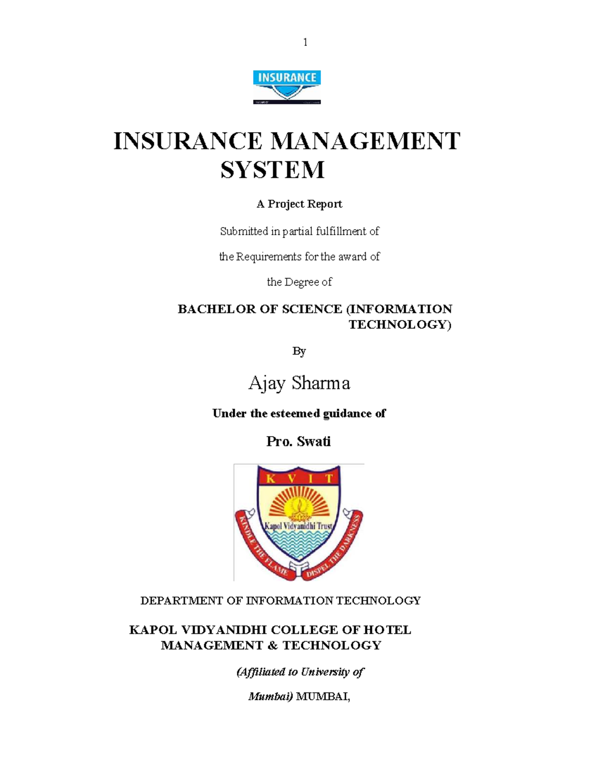 Insurance Management System Project Report - B.Sc. IT - Studocu