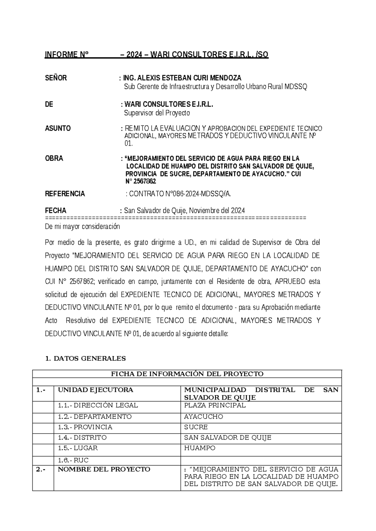 Inf. Tecnico Supervisor de obra - INFORME Nº – 2024 – WARI CONSULTORES E.I.R. /SO SEÑOR : ING ...
