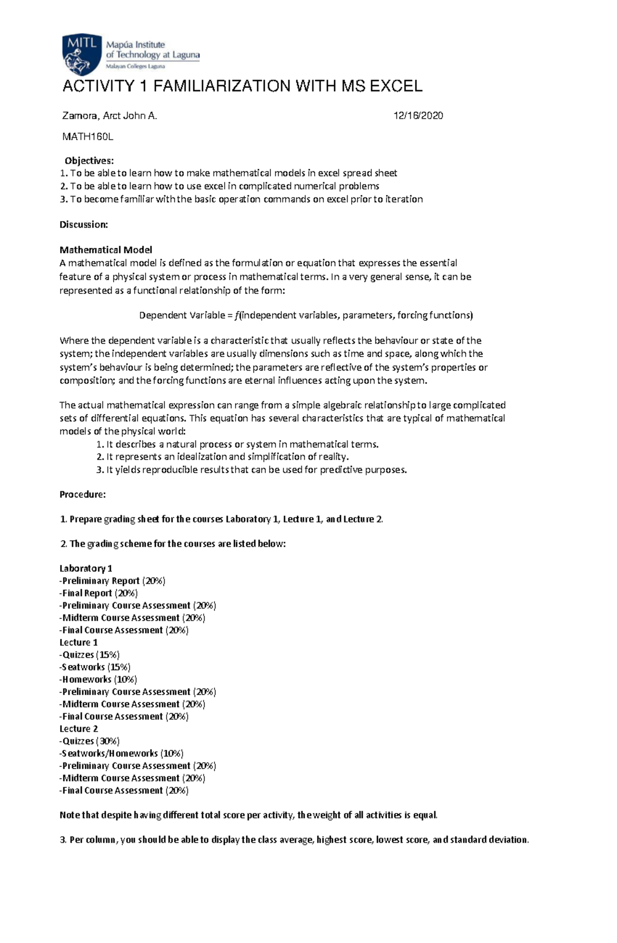 Activity 1-MATH160L- Zamora - Copy - ACTIVITY 1 FAMILIARIZATION WITH MS EXCEL Zamora, Arct John ...