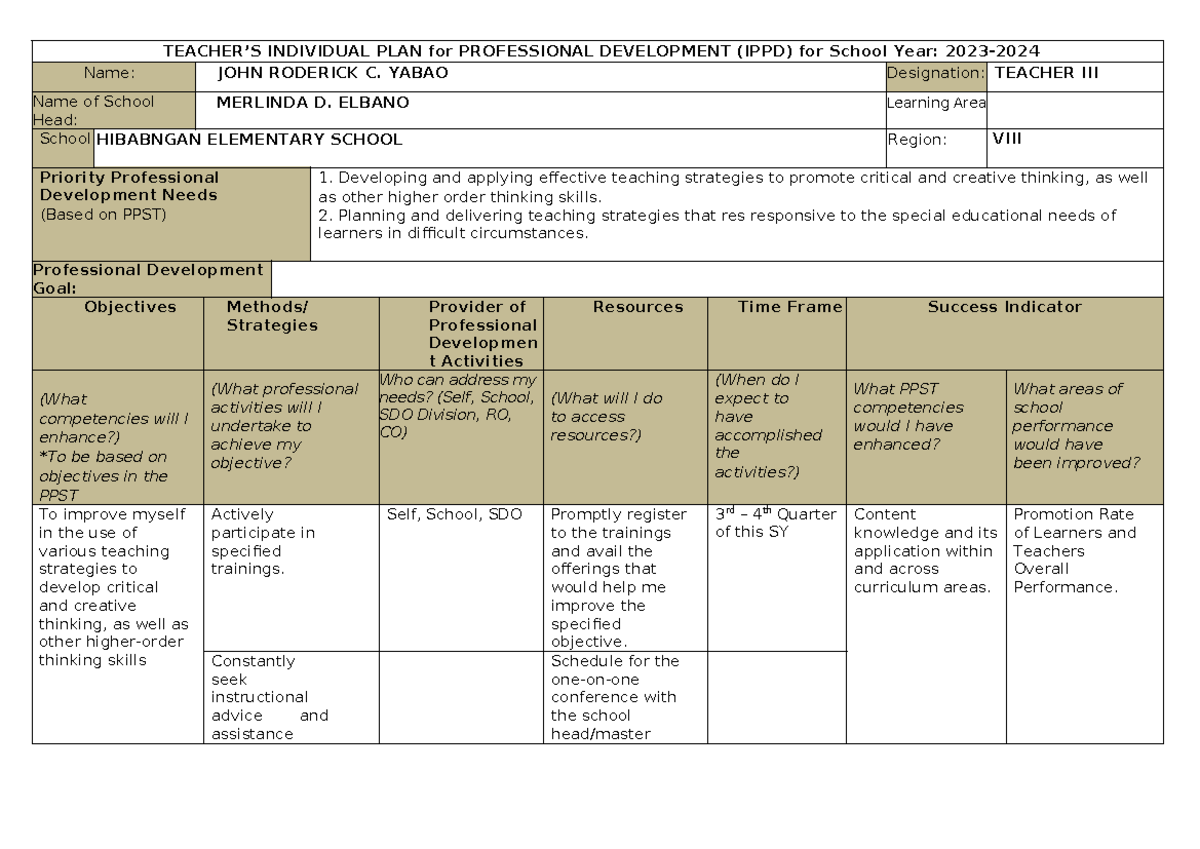 IPPD for Professional Development: Yabao's Individual Plan - Studocu