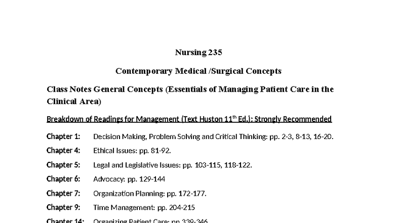 Nursing 235 Class Notes: Essentials of Patient Care Management (Huston ...