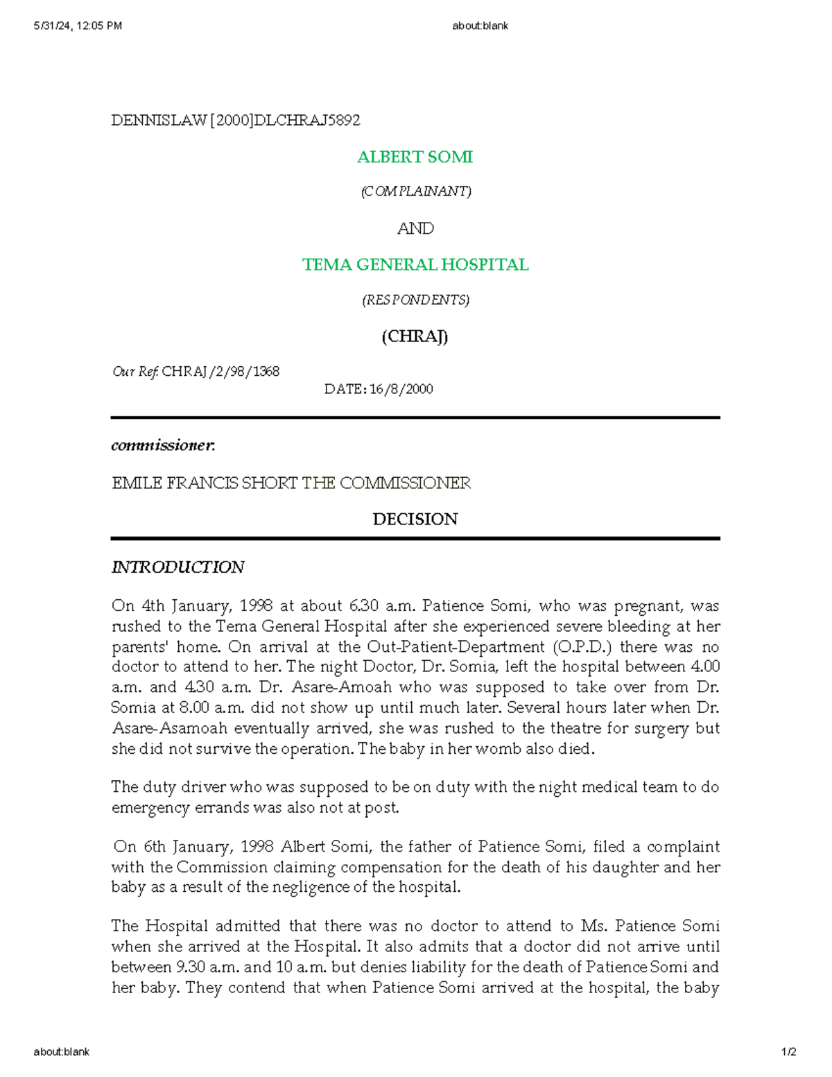 Albert Somi vs Tema General Hospital: CHRAJ Case Summary 2000 - Studocu