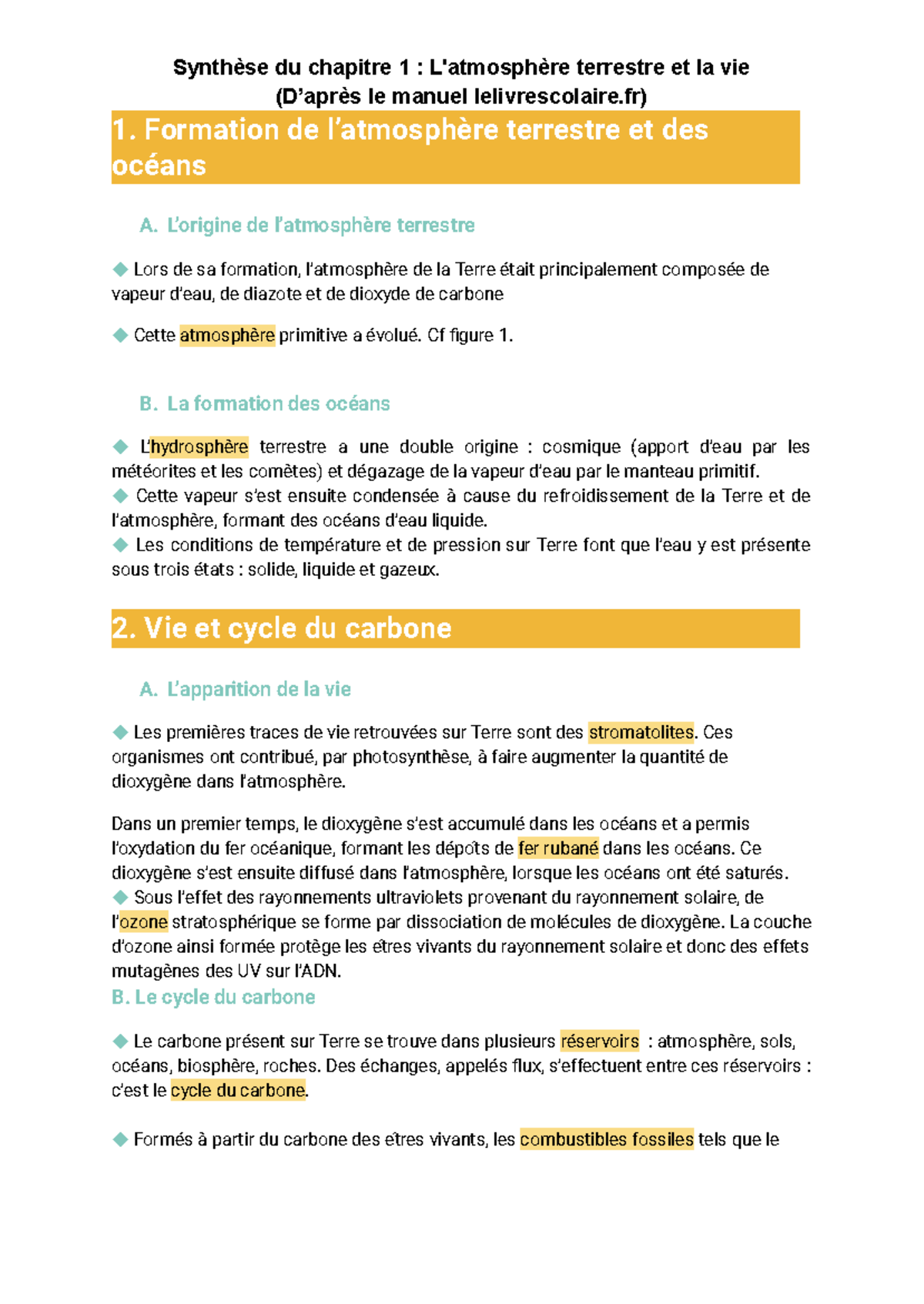 Synthèse Chapitre 1 : L'atmosphère terrestre et la vie (Biologie) - Studocu